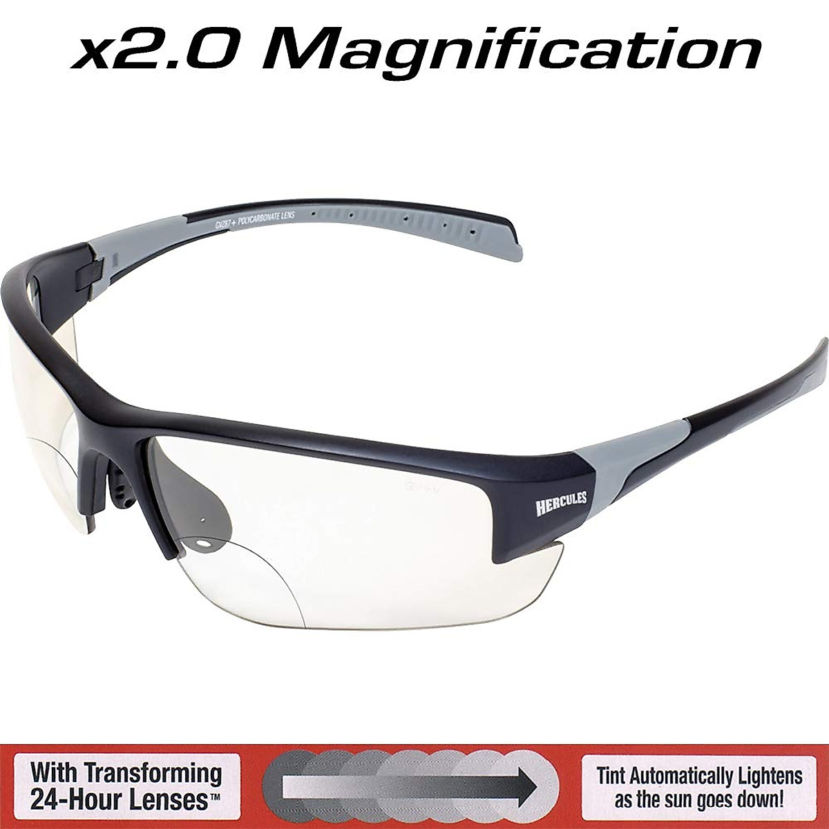 Global Vision Hercules 7 24-Hour Photochromic Bifocal +2.0 Lens Safety Glasses Clear to Smoke Z87.1