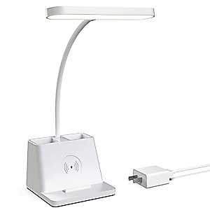 Tapwak Small Desk Lamp with Wireless Charger, White Gooseneck Desktop Lamp, Study Lamps for Bedrooms/Small Spaces Desk Lights for Home Office with Pen Holder, Cute Desk Lamp for College Dorm Room