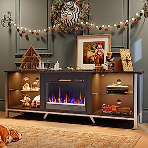 Bestier Fireplace TV Stand for 70/75 inch TV, Gaming LED Entertainment Center with 23 inch Electric Fireplace for PS5, Modern TV Console with Adjustable Glass Shelves for Living Bedroom Black Marble