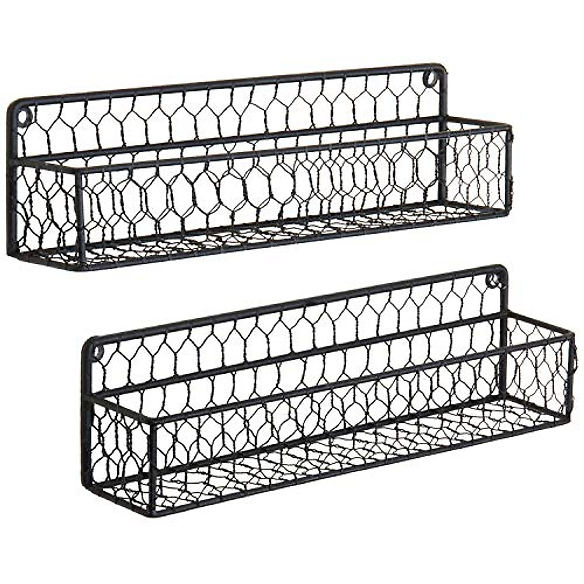MyGift Wall Spice Racks, 12-Inch Black Chicken Wire Hanging Kitchen Seasoning Condiment Organizer Shelf, Set of 2