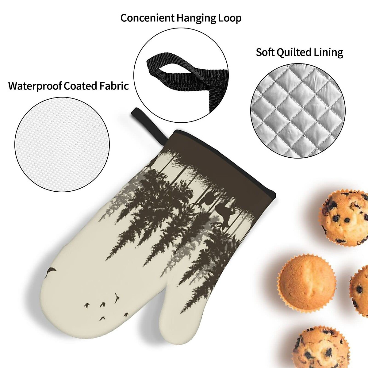 Oven Mitts and Pot Holders Sets of 4,Deer in The Forest Cabin Fog Bird Mountain Hunting Theme Yellow and Coffee Country Moose,Oven Mitts Heat Resistant Oven Gloves Set Potholders for Kitchen