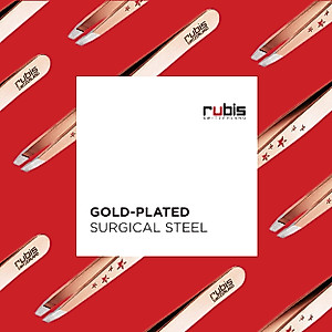 Rubis Classic 6-Star Stainless Steel Slanted Tweezers for Precise Eyebrows and Hair Removal, 1K103CTRED, Red Gold, The Gold Collection,Rubis Switzerland Swiss Made World Renowned Precision