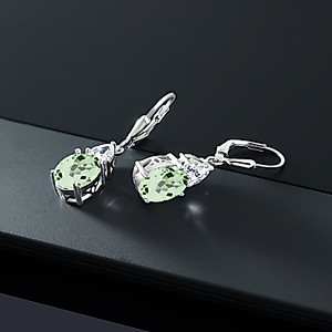 Gem Stone King 925 Sterling Silver Green Prasiolite and White Zirconia Dangle Earrings For Women (4.20 Cttw, Gemstone Birthstone, Oval 10X8MM, Trillion 5MM)