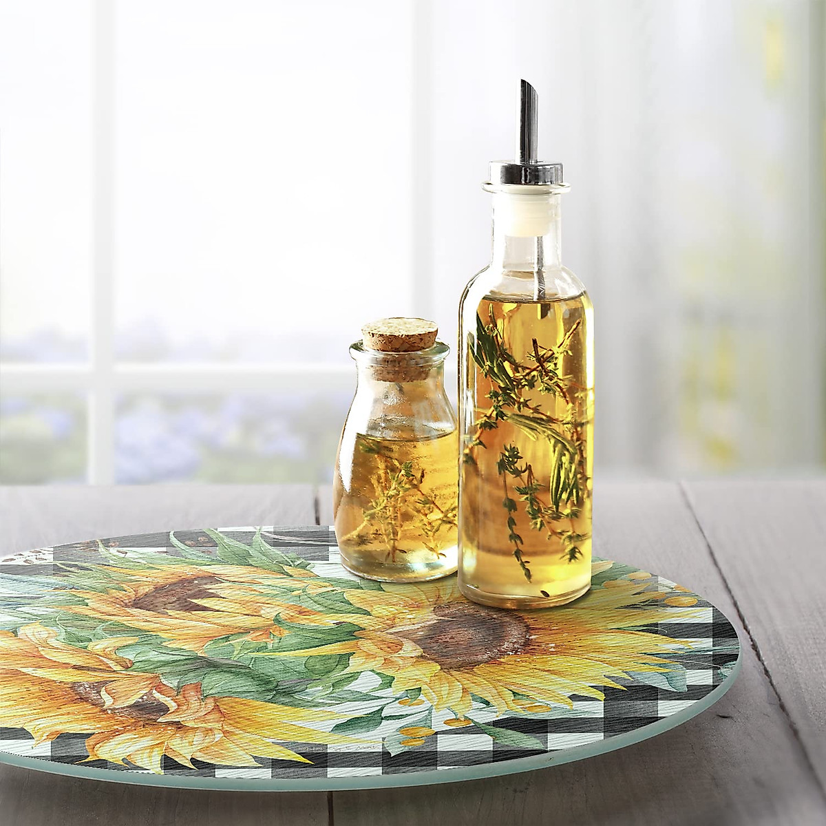 CounterArt Sunflower Fields 4mm Heat Tolerant Tempered Glass Lazy Susan Turntable 13" Diameter Cake Plate Condiment Caddy Pizza Server