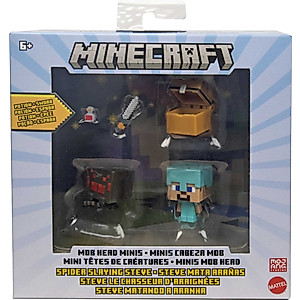 Minecraft Mob Head Minis Spider Slayer Steve Pack with 2 Action Figures & Accessories, Incudes Authentic Pixelated Video-Game Characters Steve & Spider, Collectible Gift for Fans Age 6 Years & Older