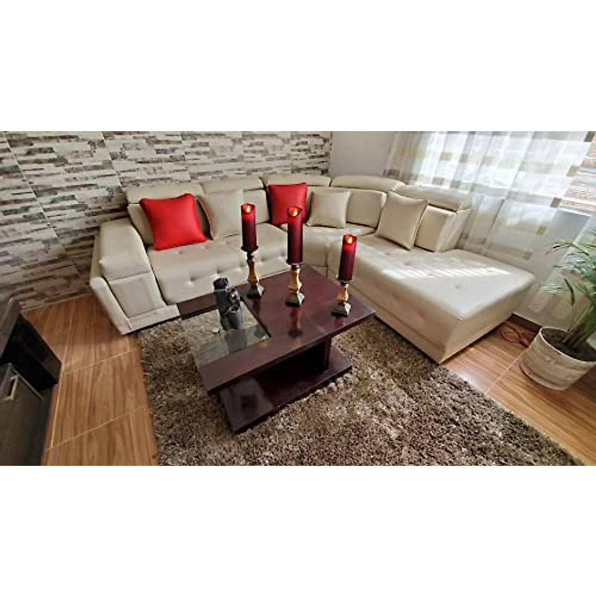 Kitch Aroma Burgundy Red Glitter Flickering Flameless Candles Set of 5(H 5"/5.5"/6"/7"/8" xD 2.2") Christmas Red Powder Candle Fllickering Flameless Candles Home Decor