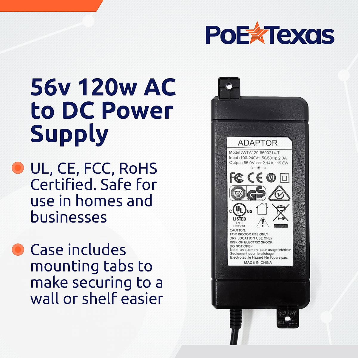 PoE Texas 56v 120w PoE Compatible Power Supply with Wall Mounting Tabs - Easy Installation for Long Distance Power Over Ethernet Network Switch, Injector, Adapter, Extender, 802.3af, 802.3at Devices