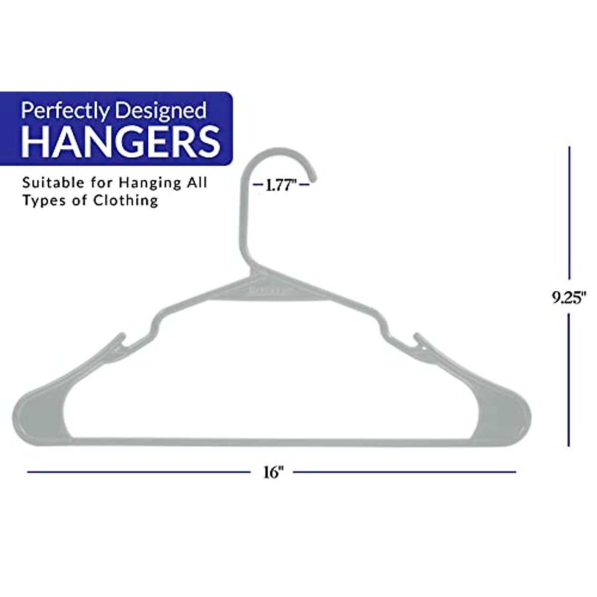ROYALE 60 Pack Grey Plastic Hangers for Clothes - Heavy Duty Plastic Clothes Hanger Ideal for Everyday Standard Use - Lightweight & Space Saving Notched Plastic Hangers - Slim & Sleek Shoulder Groove
