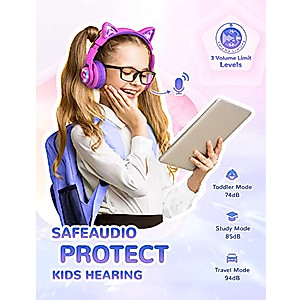 iClever Cat Ear Kids Bluetooth Headphones, LED Lights Up, 74/85/94dB Volume Limited, 50H Playtime,Bluetooth 5.2, USB C,Kids Headphones Wireless Over Ear for Travel iPad Tablet, Meow Macaron-Hot Pink