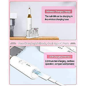 Nail Drill, Cordless Electric Nail Files for Gel Nails Efile Manicure Kit for Women Rechargeable Wireless Drill para Uñas Profesional Nail Drill Machine Nail Grinder for Acrylic Gel Nails White