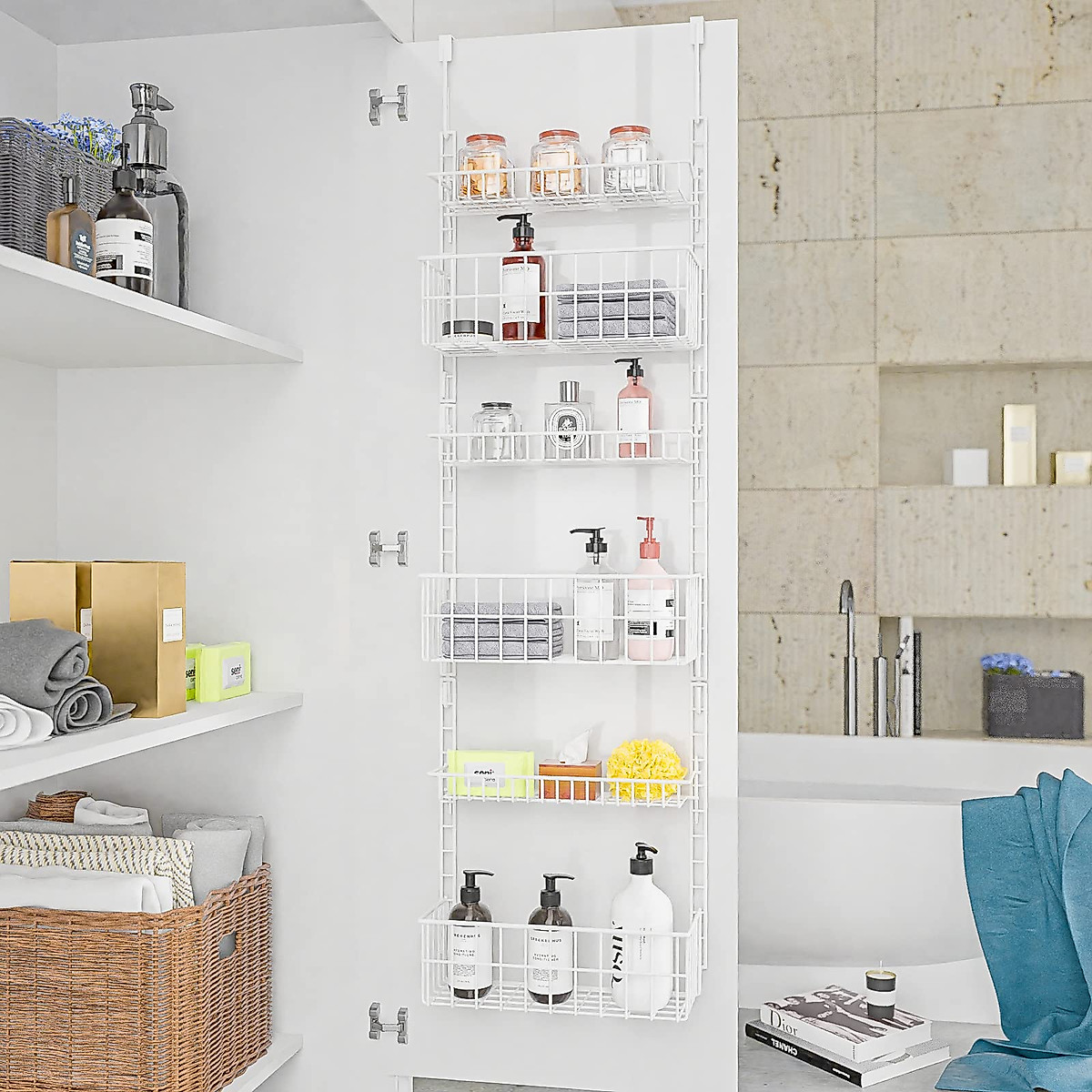 Qboid Sp Over The Door Pantry Organizer - With 6 Adjustable Shelves - Alloy Steel Metal - Hanging - Wall Mount - Storage Door Organization Kitchen Spice Rack,Cans,Closet,Bathroom-White