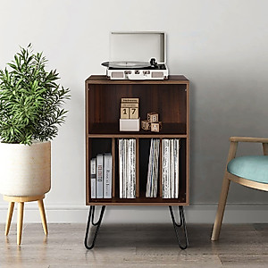 Record Player Stand with Record Storage Vinyl Record Storage Table with Metal Hairpin Legs Turntable Stand Holds Up to 100 Albums for Living Room Bedroom Brown