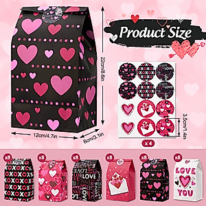 Whaline 48Pcs Valentine's Day Paper Gift Bags Bulk Hearts Love Paper Party Favor Bags with Stickers Pink Black Goodie Candy Bags for Wedding Anniversary Snack Cookie Wrapping Supplies