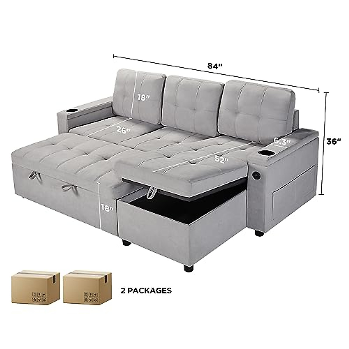 VanAcc Sleeper Sofa, Modern Tufted Convertible Sofa Bed, USB Charging Ports & Cup Holders, L Shaped Sofa Couch with Storage Chaise, Chenille Couches for Living Room (Light Grey)