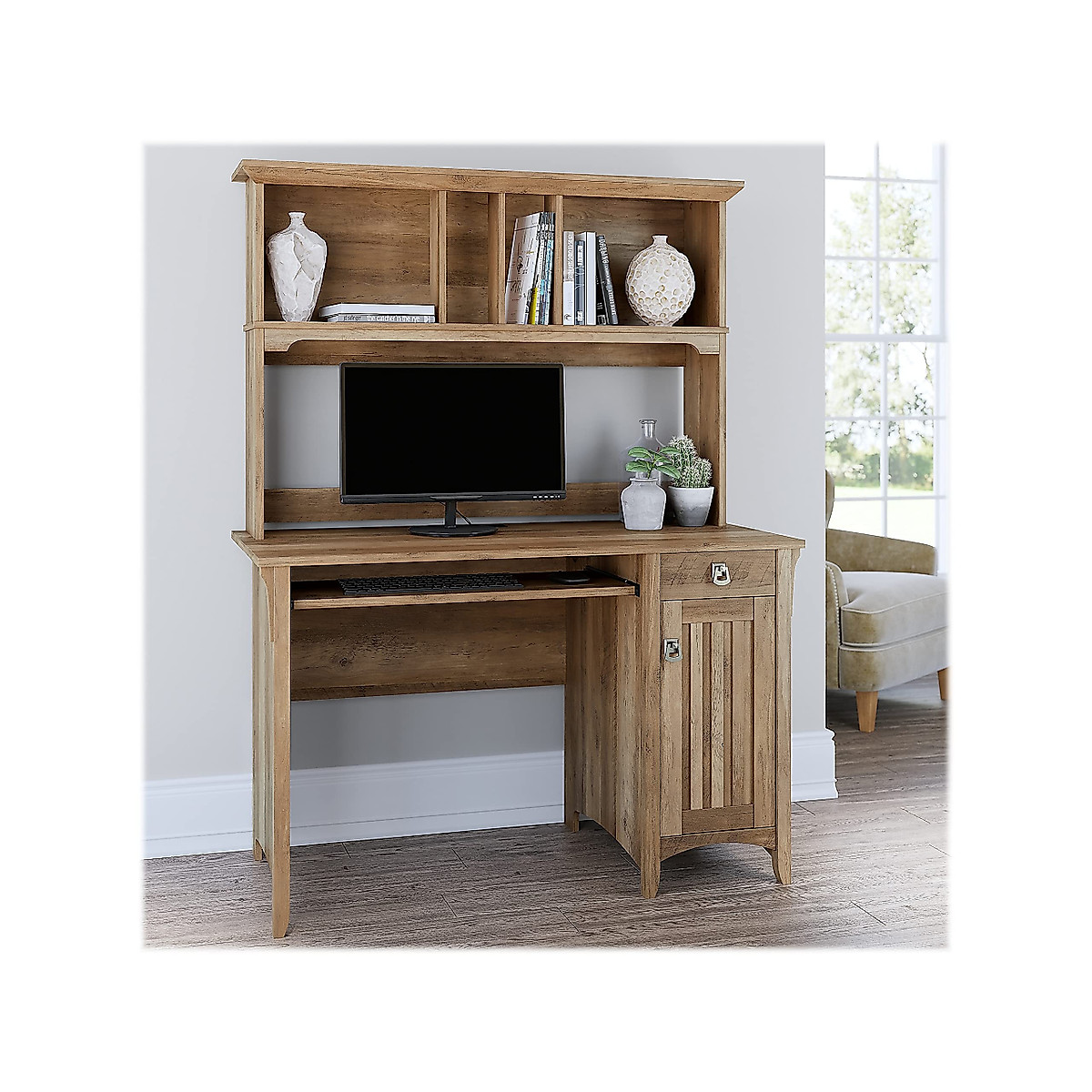 Bush Furniture Salinas Computer Desk with Hutch | Study Table with Drawers, Cabinets & Pullout Keyboard/Laptop Tray | Modern Home Office Desk in Reclaimed Pine | Work Desk with Storage