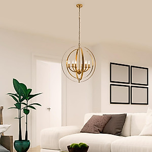 Hanging Lamp , Chandeliers,Gold Pendant Lights for Kitchen Island, Modern 6 Lights Globe Pendant Light Fixtures, Adjustable Orbits Ring Hanging Light, Farmhouse Ceiling Lights for Dining Room Bedroom