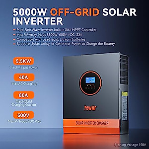 5000 Watt Solar Inverter Pure Sine Wave 48V 110V, Off-Grid 5KW Power Inverter Built in 80A MPPT Controller, 40A AC Charger, Max.PV Input 500V, Support Utility/Generator/Solar Charge