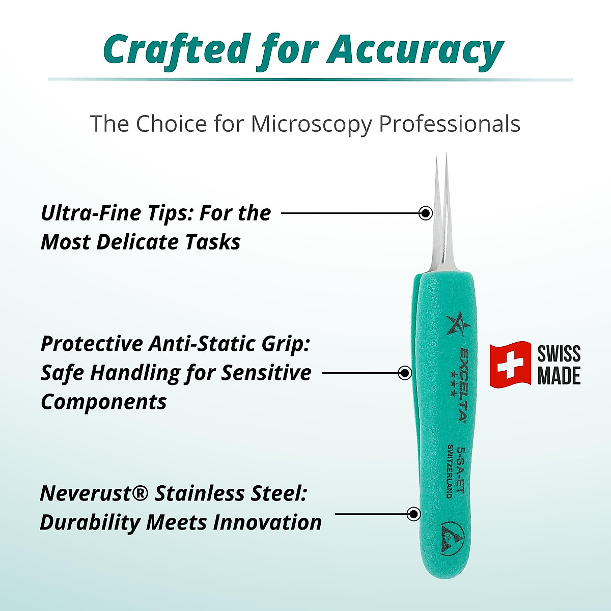 Excelta 5-SA-ET Straight Tapered Ultra-Fine Pointed Tweezers, 4.75 Inch, Ergo-Tweeze Soft Cushioned Grips, Made of Neverust Stainless Steel, Ideal for Microscopy, Professional