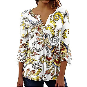 SMIDOW Summer Tunic Tops for Women 2023 Fashion 3/4 Bell Sleeve t-Shirt Bohemian Floral Henley Shirts Empire Waist Blouse
