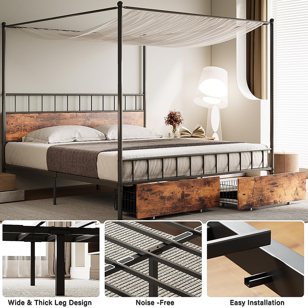 LIKIMIO Canopy Bed Frame King with Wooden Headboard and Drawer, King Size Bed Frame with 4 Removable Sturdy Posts, Noise Free, No Box Spring Needed, Vintage Brown