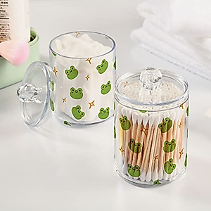 Bulletgxll Apothecary Jar with Lids 2 Pack Cute Frog Qtip Holder Clear Plastic Containers Bathroom Vanity Countertop Organizer for Cotton Swabs, Cosmetic Pads, Sponges, Flossers