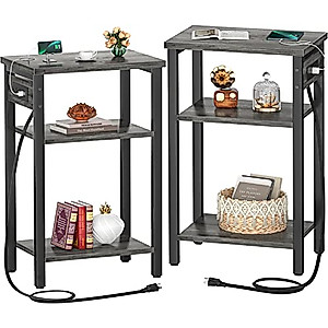 Cyclysio End Table Set of 2 with Charging Station, 3 Tier Small Nightstand with Storage Shelf, Slim Side Table with USB Ports & Outlets, Modern Sofa Bedside Table for Bedroom, Living Room, Gray Oak