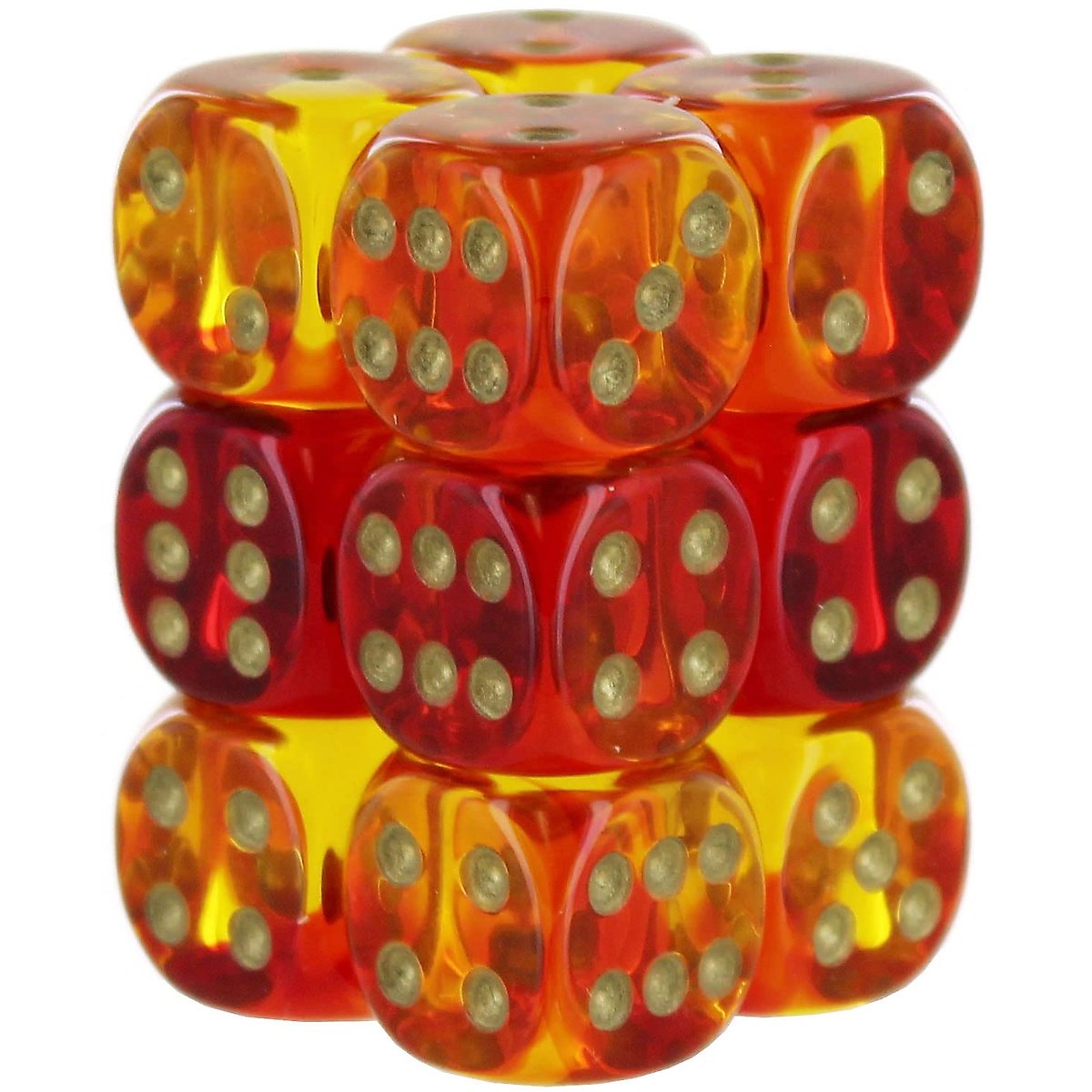 Gemini Dice Block | Set of 12 Size D6 Dice Designed for Board Games, Roleplaying Games and Miniature Games | Premium Quality 16 mm Dice | Translucent Red, Yellow and Gold Color | Made by Chessex