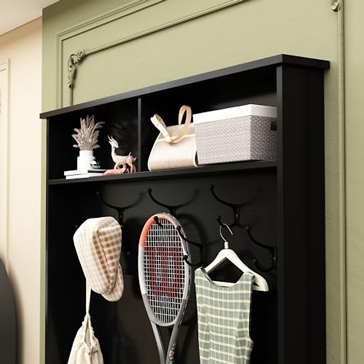 Homsee Modern Hall Tree with Storage Bench, 4-in-1 Entryway Bench with Coat Rack, Tall Hall Tree with 7 Metal Hooks, Shelves & 10 Cubes for Hallway, Living Room, Black (39.4”L x 15.7”W x 68.5”H)