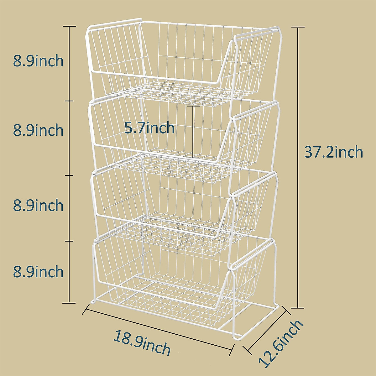 PUSDON 4-Tier Stackable Metal Storage Baskets, Anti-Rust Fruit Vegetable Rack, Dual Use Shelf for Kitchen, Home & Office, White