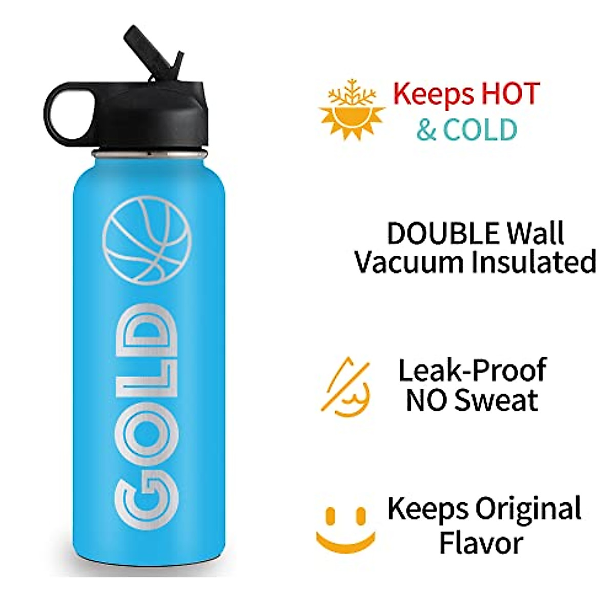 Personalized Water Bottles for Kids, 18 oz Custom Name Insulated Water Bottle With Straw, Stainless Steel Reusable Waterbottle Gifts for School Girls Boys Men Women - Icon Design