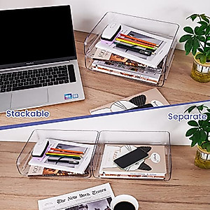 Tomorotec Desk Letter Tray Set, A4 Size Clear PET Stackable Document Organizer Office Desktop File Paper Holder Book Storage Rack Side Load Anti-Skid Stacking Support Convex Bottom (2X Landscape)
