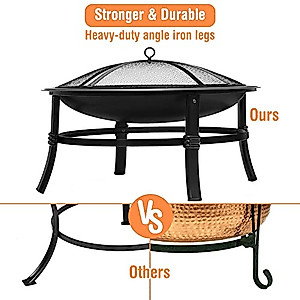 26'' Fire Pit Wood Burning fire Pit Outdoor Fire Pits Steel BBQ Grill Firepit Bowl with Mesh Spark Screen Cover Log Grate Wood Fire Poker for Camping Picnic Garden Backyard Bonfire Patio Beaches