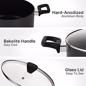 QStar 5 qt Hard-Aluminum Nonstick Stock Pot with Glass Lid and Stay Cool Handle (5.0 qt black)