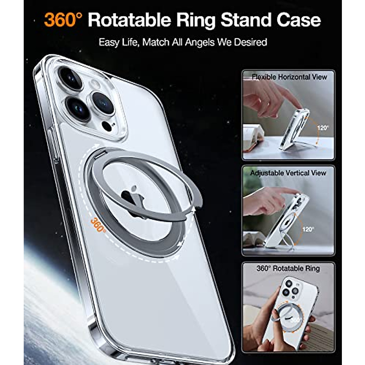 TORRAS 360° Rotatable Magnetic Stand for iPhone 14 Pro Case Clear [8X Military Grade Protection] [Compatatible with MagSafe] Not Yellowing Slim thin Shockproof case for iPhone 14 Pro Phone Case, Clear