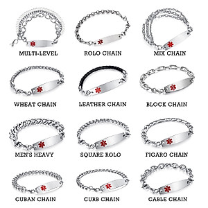 mnmhope 7.5"-9" Adjustable Medical alert bracelets for Women/Men Stainless steel Interchangeable Medical bracelets (with customize engraved-Figaro Chain)