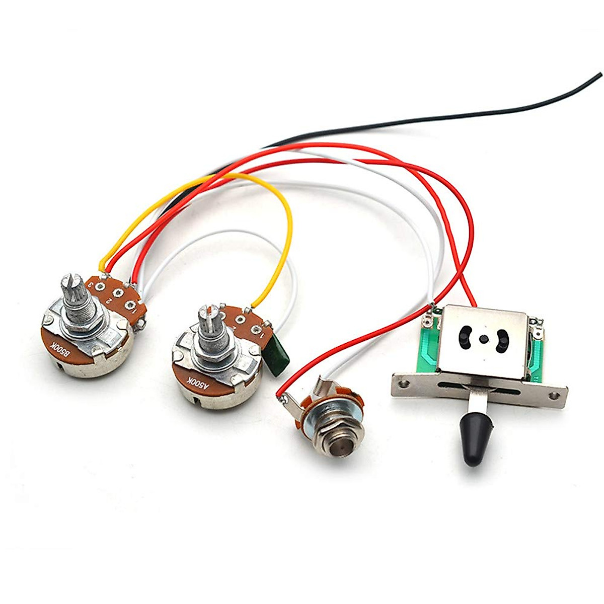 SAPHUE Guitar Wiring Harness Set Prewired 500K Big Pots 5 Way Switch Wiring Harness Kit with 6.35 Output/Black Knobs for Electric Guitar