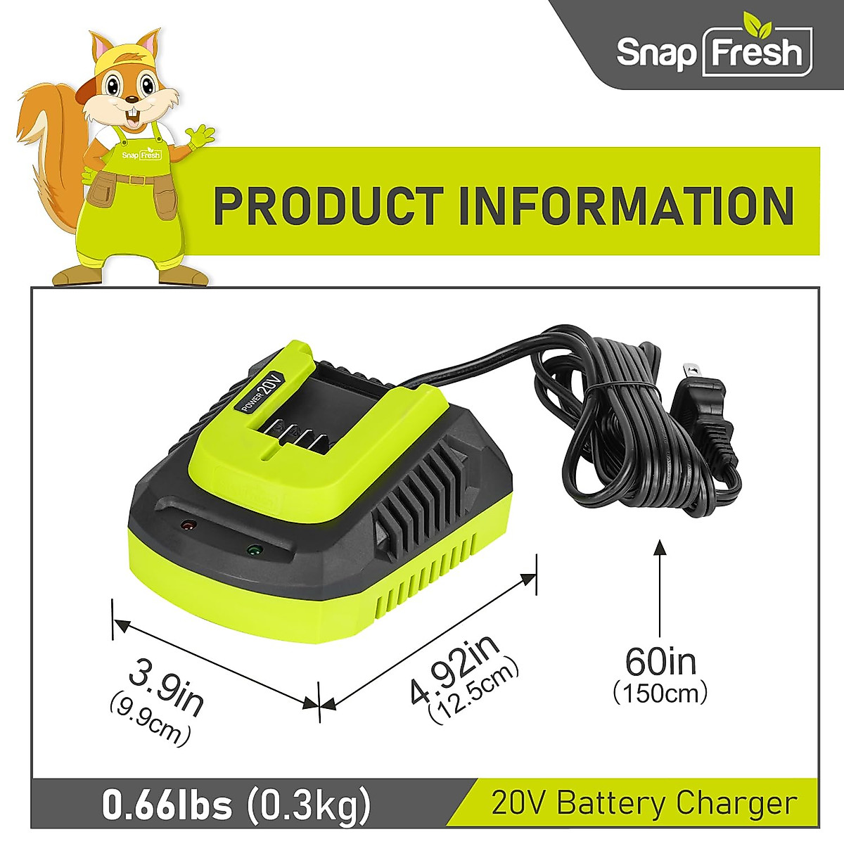 SnapFresh 20V Battery Fast Charger (BBT-XH20V), Work with SnapFresh Batteries of BBT-DC20A & BBT-DC40A