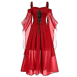 beshionljs Womens Medieval Renaissance Gothic Costume with Corset Long Sleeve Cold Shoulder Steampunk Victorian Corset Dress Plus Size Halloween Costumes Vintage Ball Gown Red