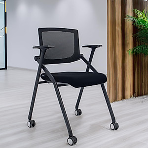 [2 Pack] Stackable Conference Room Chairs with Wheels and Paddle, Ergonomic Mesh Back and Arms for Meeting, Conference, Reception, Training Room & Home Office Desk Folding Chairs