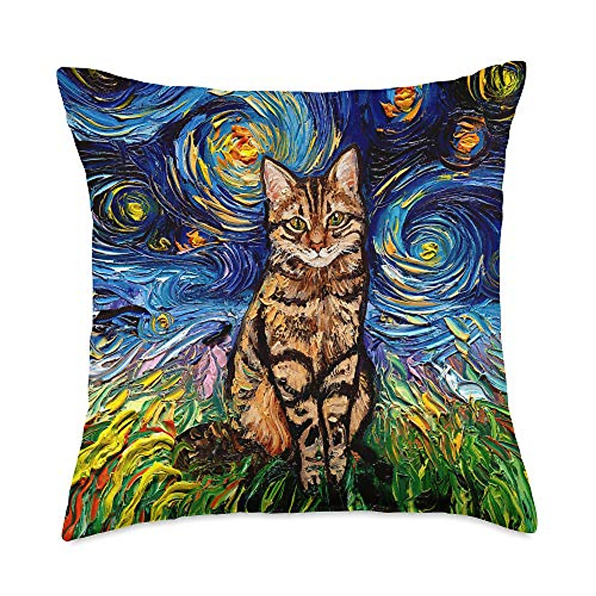 Sagittarius Gallery Brown Tabby Cat Starry Night Impressionist Animal Art by Aja Throw Pillow, 18x18, Multicolor