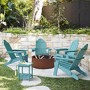 LUE BONA Folding Adirondack Chair Set of 4, Blue Turquoise HDPS Fire Pit Patio Chairs Weather Resistant, Modern Plastic Outdoor Chairs with Cup Holder
