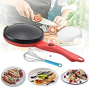 Portable Electric Crepe Maker 110V 8” Household Pancake Machine with Auto Temperature Control Non-stick Crepe Pan for Pancake, Blintz, Chapati,Including Egg Beater & Batter Pot Red&Black 1Pack