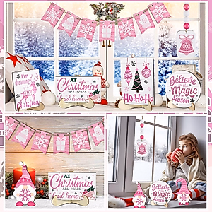 Pink Christmas Decoration, Christmas Tiered Tray Decor 15 Pcs Pink Christmas Ornaments Farmhouse Rustic Decor Christmas Gnome Truck Snowflake Wooden Sign for Christmas Centerpiece Table Party Holiday