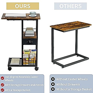 C Shaped Sofa Side Table: Couch End Table with Drawer - Bedside Table with Wheels - 19.7''L x 11.8''W x 28''H - C Mobile Tables with Storage Basket for Living Room Bedroom