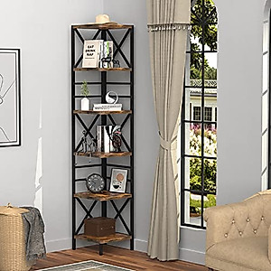 Xilingol Corner Bookshelf, 5 Tier Shelf Bookcase, Farmhouse Metal & Wood Book Shelves, Mid Century Vintage L Shaped Bookshelf, Rustic Brown