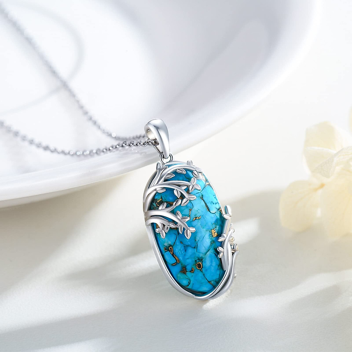 AOVEAO Oval Turquoise Life Of tree Necklace for Women S925 Sterling Silver Family Tree Necklace Lucky Turquoise Jewelry
