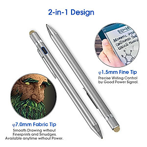 2-in-1 Active Stylus Digital Pen with 1.5mm Ultra Fine Tip for iPad iPhone Samsung Tablets, Work on Touchscreen Phones and Tablets,Good at Drawing and Writing, Grey