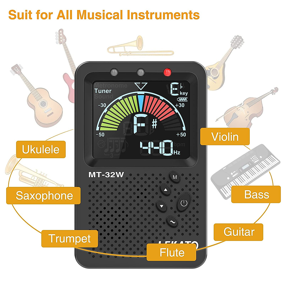 Metronome Tuner, Rechargeable 3 In 1 Digital Metronome with Vocal Count, Tone Generator Tuners for Guitar, Bass, Violin, Ukulele, Chromatic, Clarinet, Trumpet, Flute, All Instruments, Black by LEKATO