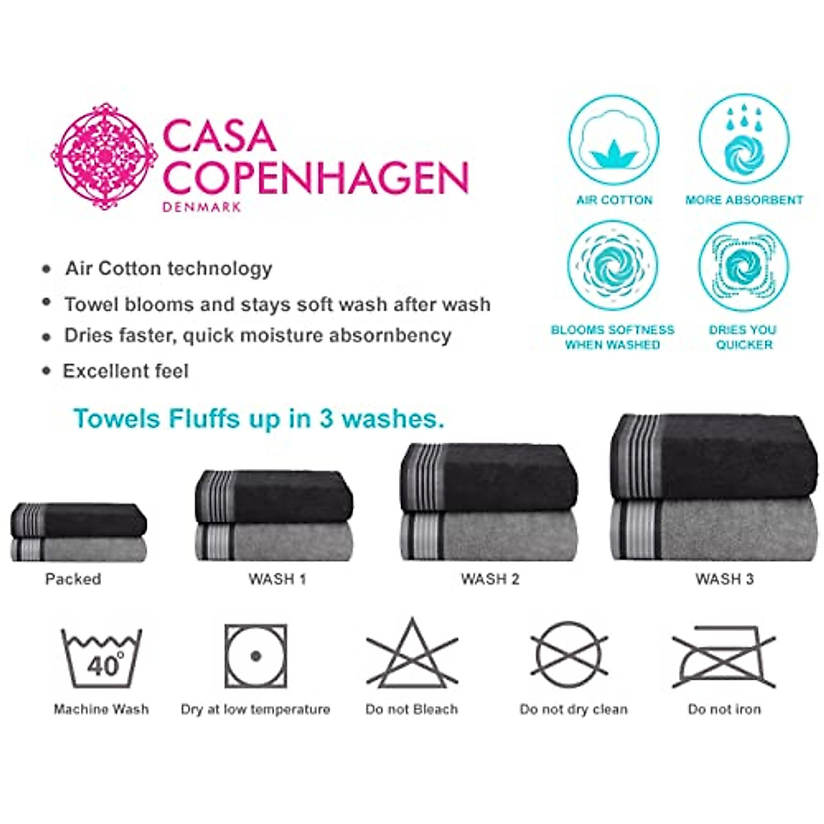 CASA COPENHAGEN Designed in Denmark 550 GSM 2 Large Bath Towels 2 Large Hand Towels 2 Washcloths, Super Soft Egyptian Cotton 6 Towels Set for Bathroom, Kitchen & Shower - Granite Grey & Mirage Grey
