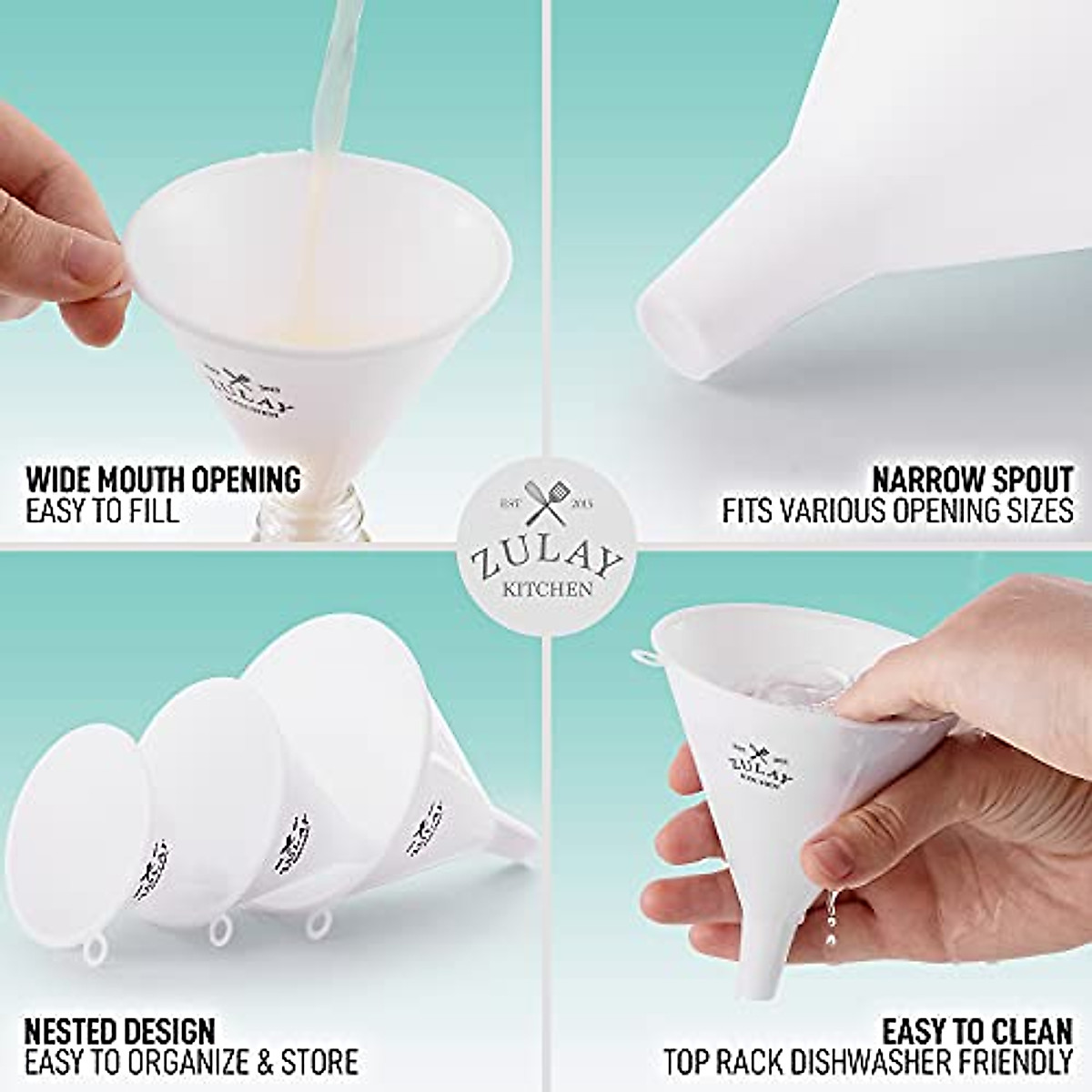 Zulay 3-Pieces Plastic Funnel Set - Large, Medium, and Small Kitchen Funnels for Filling Bottles - Food Grade Cooking Funnel Set of 3